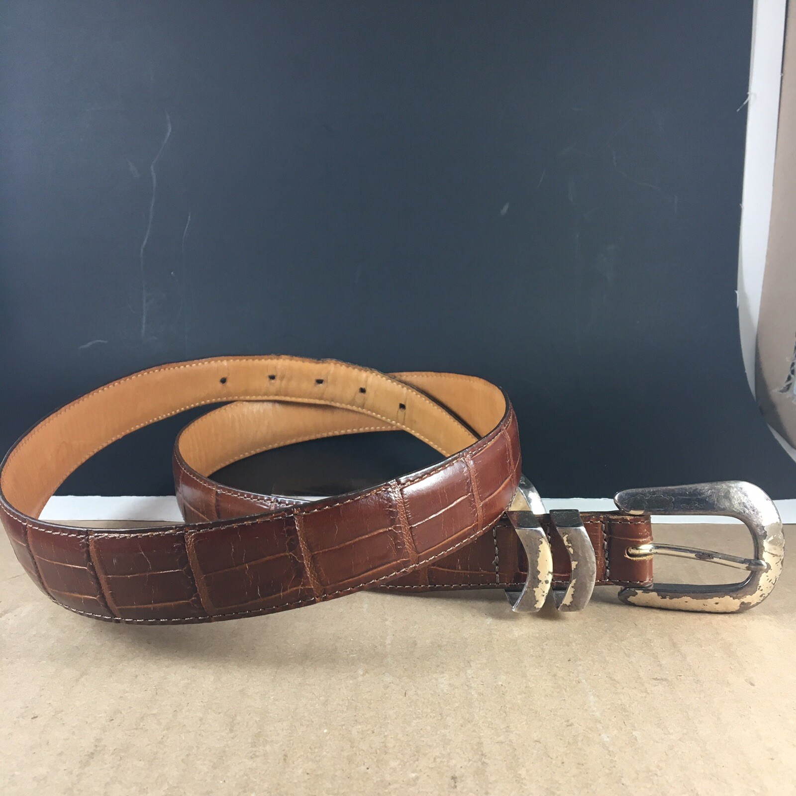 VTG Brighton Onyx Belt Mens 40 Brown Leather Silver Buckle Western ...