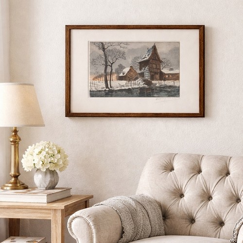 Signed Hand Colored Etching Winter Landscape European Village Art Print ...