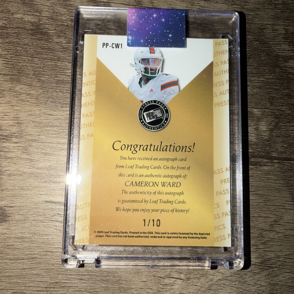 2024 Collective Press Pass Authentic Cameron Ward #PP-CW1 Silver ...