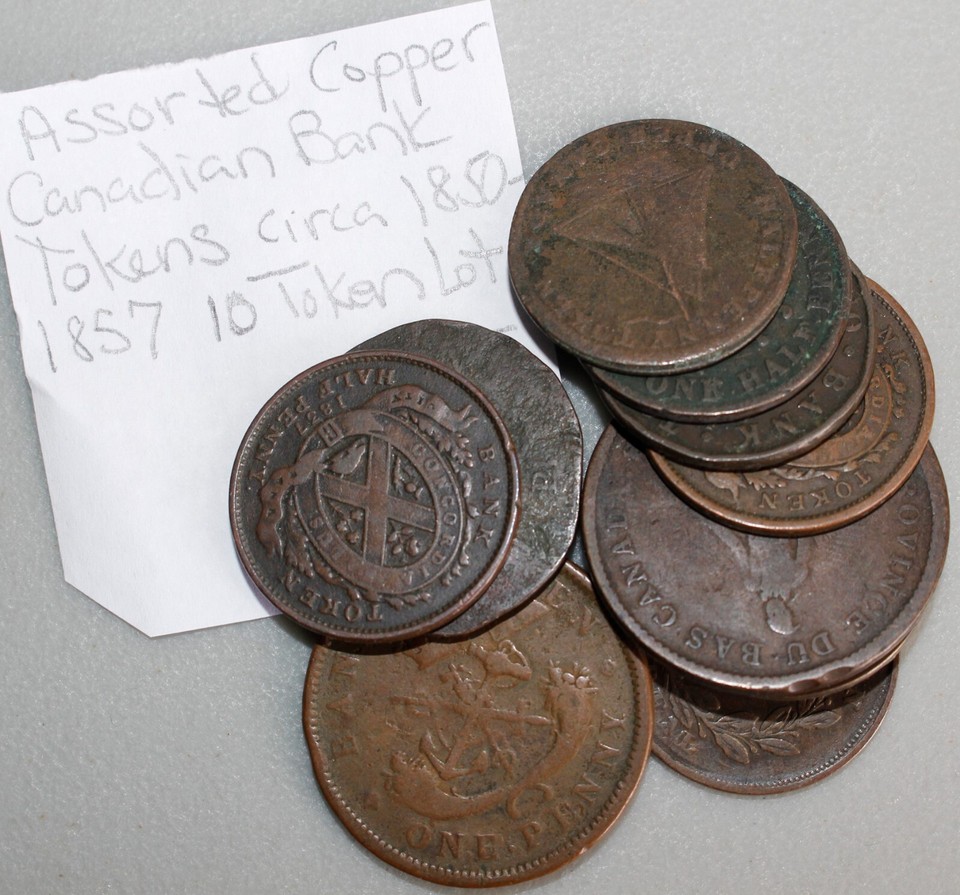 10 Assorted Copper Canadian Bank Tokens Circa 1850-1857 Anchor Ship 1c ...