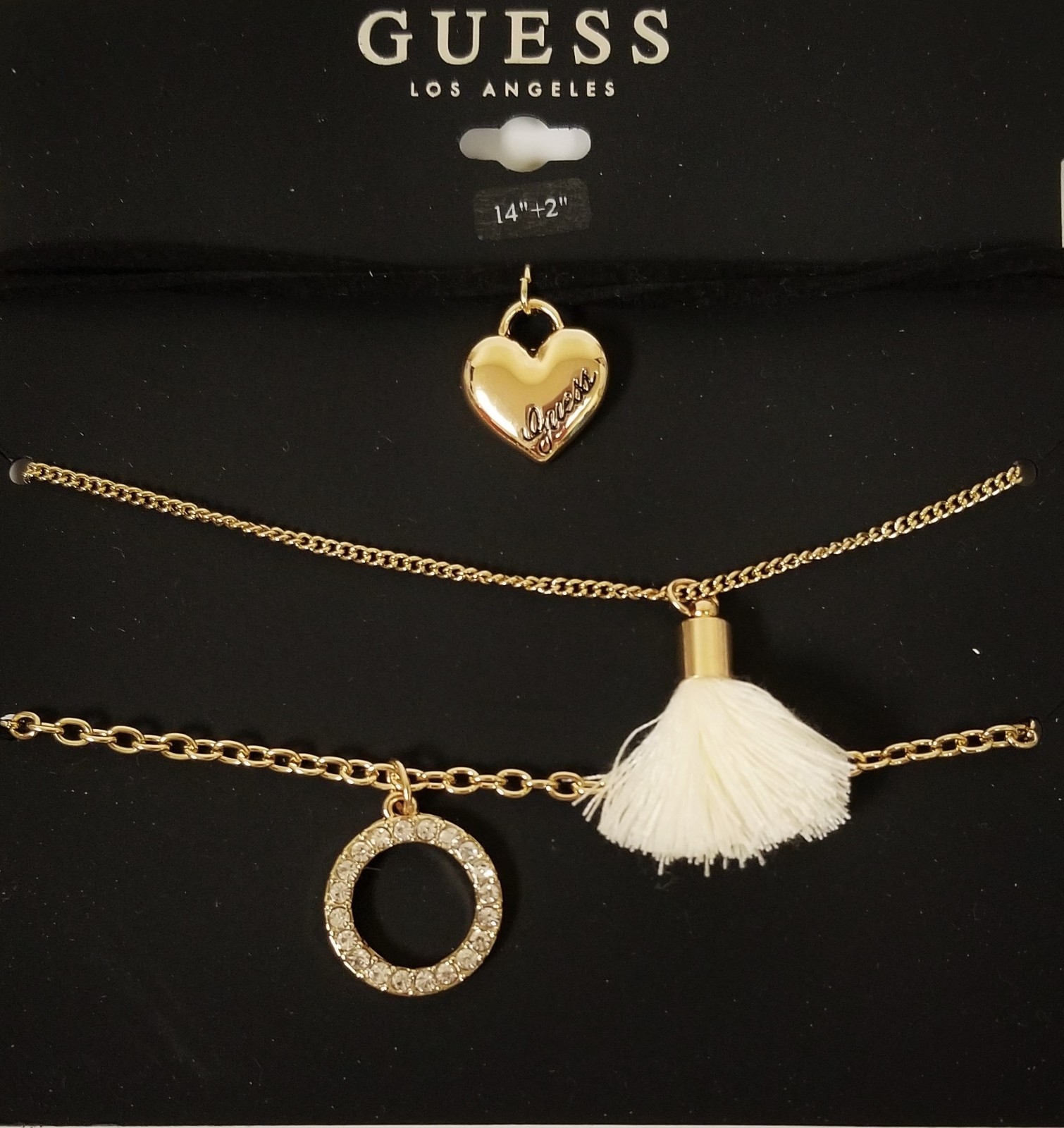 GUESS SET OF 3 GOLD CHAIN,CORD,HEART,TASSEL,HOOP,CRYSTALS,BLACK CHOKER ...