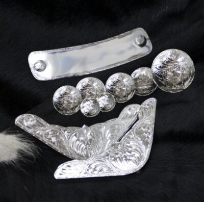 New! 10 pc. ENGRAVED SILVER SADDLE TRIM KIT w/ Corner Cantle Horn ...