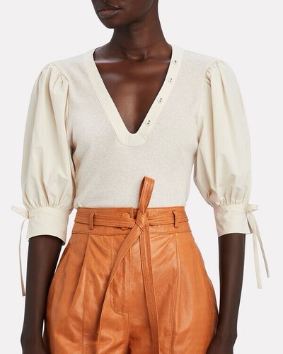 ULLA JOHNSON Current Season! Pia Ribbed Cotton Poplin Sleeve Top Oatmeal Cream L | eBay UK
