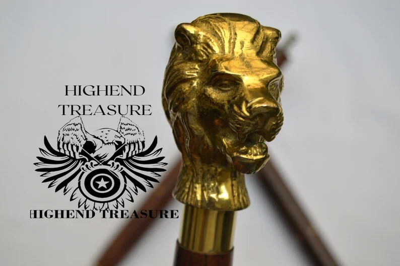 Lion Face Wooden Walking Cane - Brass Lion Head Handl… - Gem