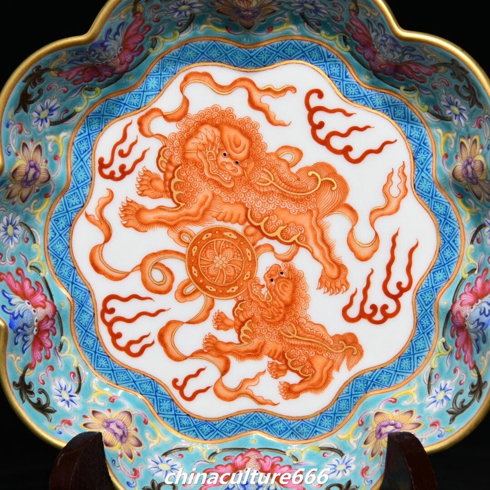6"Qianlong Enamel Colour Porcelain Gold Foo Fu Dog Lion Pen Tray Dish ...