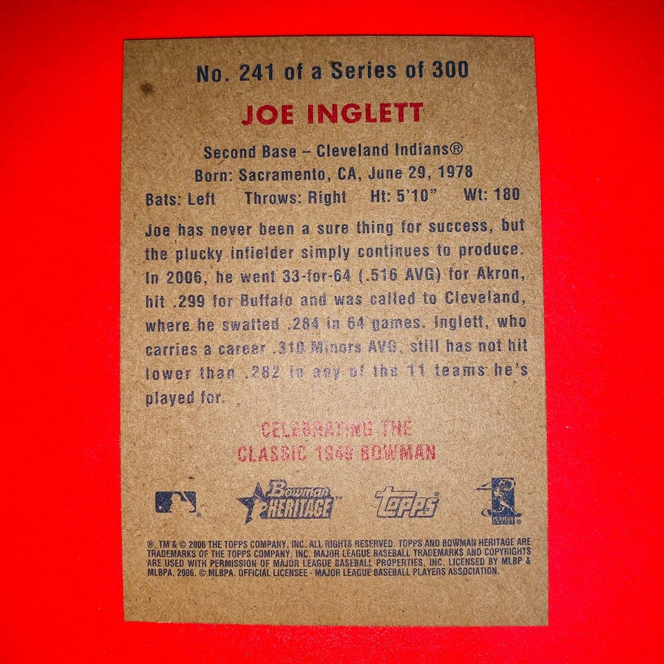 John Smoltz 2006 Bowman Heritage Foil Back Name Error Joe Inglett SSP ...