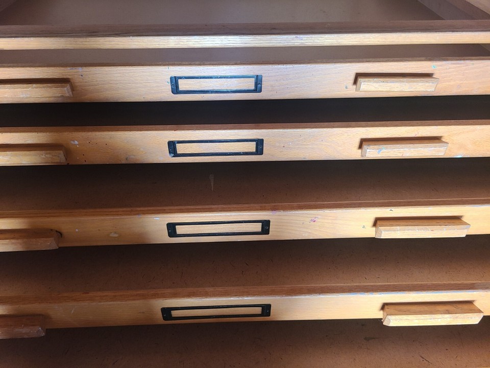 5-Drawer Oak Wood 45"W x 34" Flat File Map Blueprint, Draft Art Drawing ...