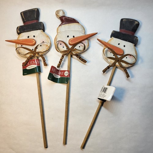 3 Snowman Head Wood Picks 10" Pots Floral Arrangements Holiday NEW NWT ...