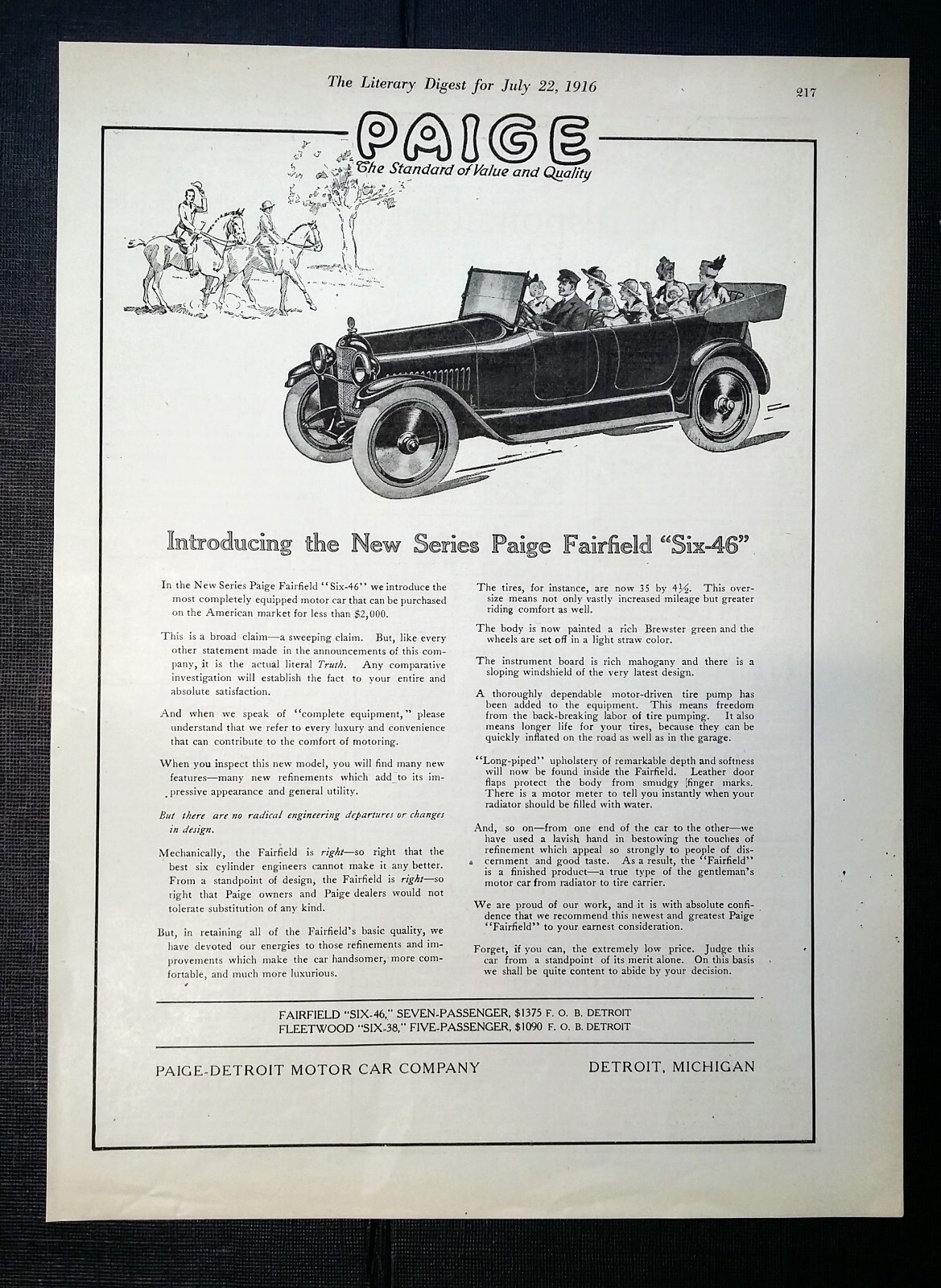 1916 Paige Detroit Motor Car Co Fairfield Six-46 Automobile Vintage Art ...