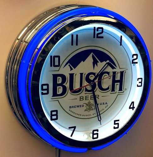 19" Busch Beer Sign Double Neon Clock Blue Neon Mancave Bar Gameroom ...