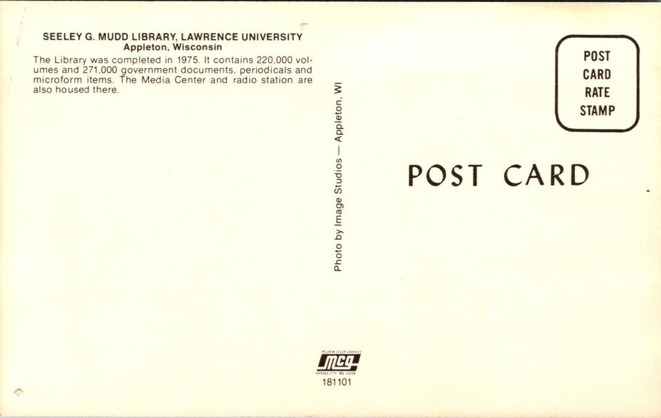 Seeley G. Mudd Library, Lawrence University, Appleton, WI postcard | eBay