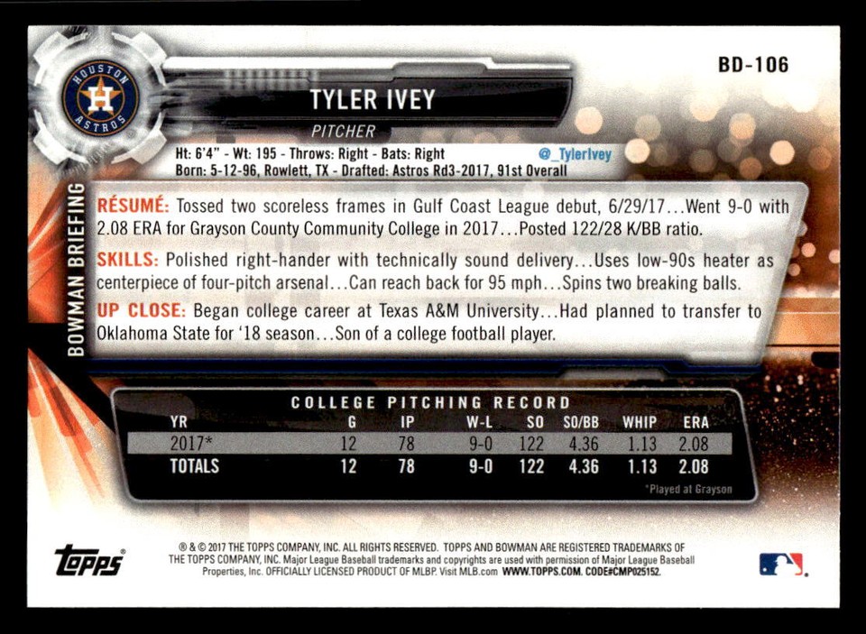 Tyler Ivey 2017 Bowman Draft #BD-106 Houston Astros | eBay