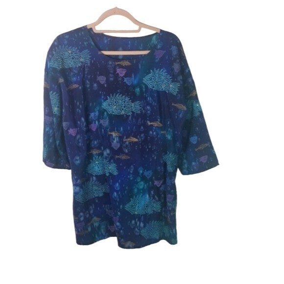 OOAK art to wear silk batik fish print womens tunic s… - Gem