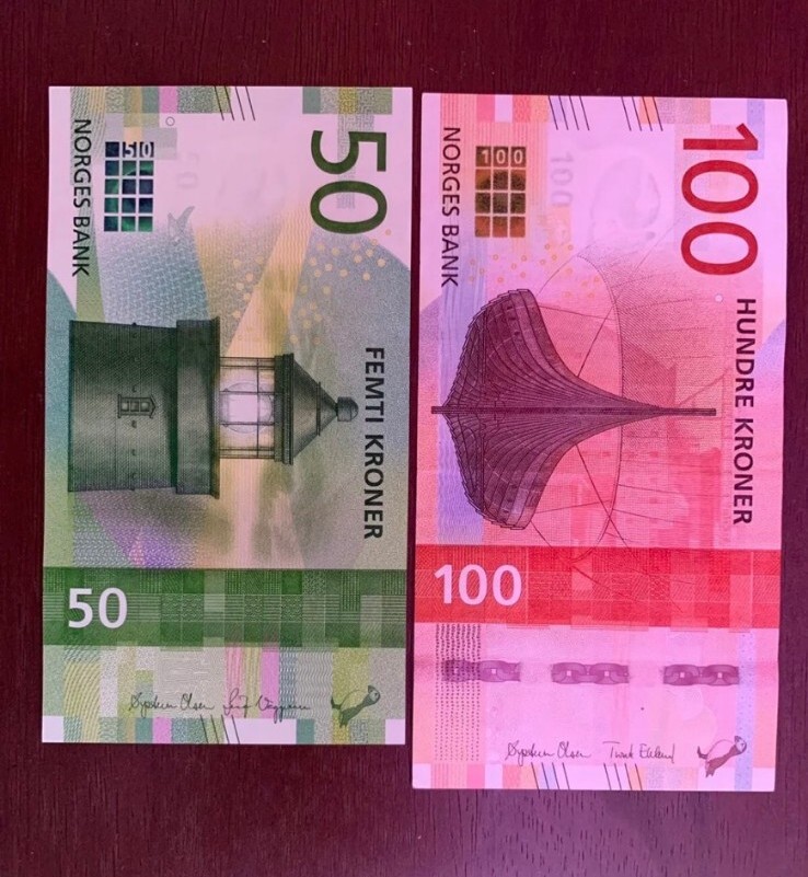 Norway 100 + 50 Kroner Banknote. 2 bills 100-50 Circulated Currency NOK ...