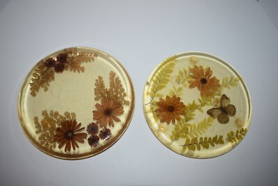 2 VINTAGE ACRYLIC LUCITE TRIVETS CLEAR W/DRIED FLOWERS & BUTTERFLY ...