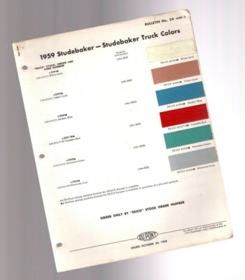 1959 STUDEBAKER Color Chip Paint Sample Brochure/Chart by Du Pont ...