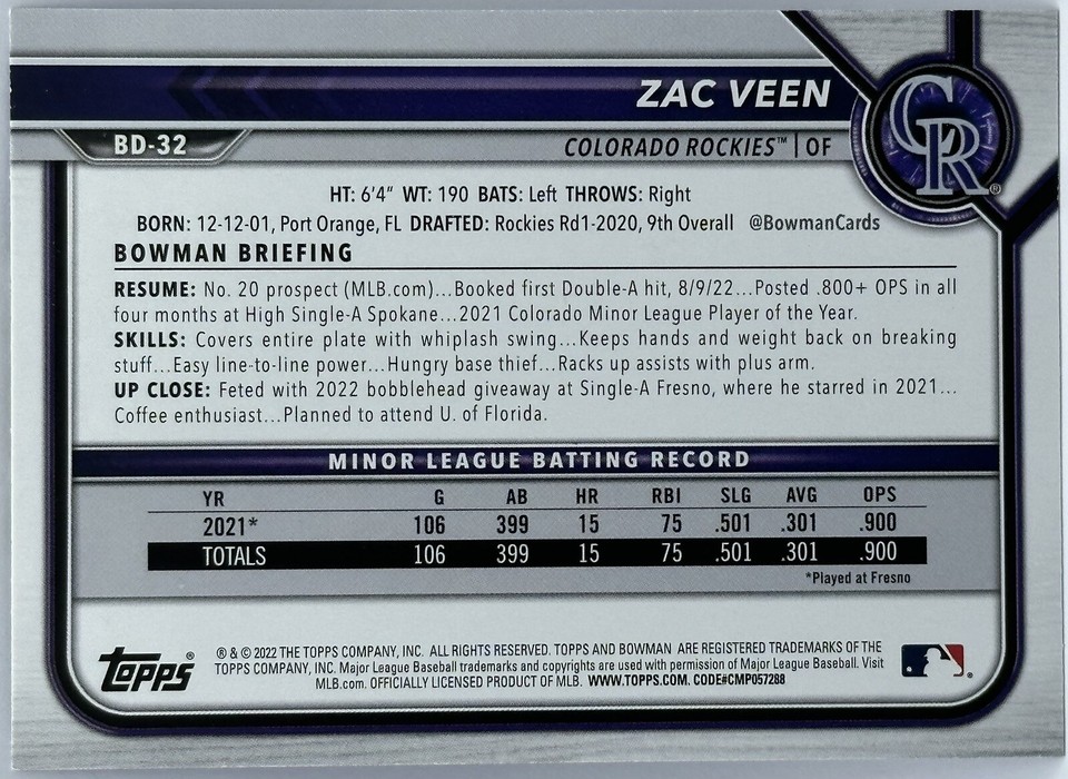 2022 Bowman Draft Purple Paper Zac Veen /250 #BD-32 Colorado Rockies | eBay