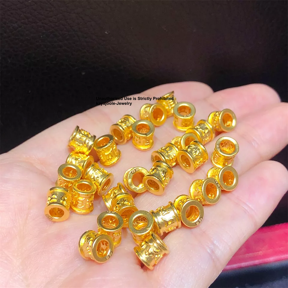 1pcs Real Pure 999 24K Yellow Gold 3D Thin Hollow Six Words Tube Bead ...