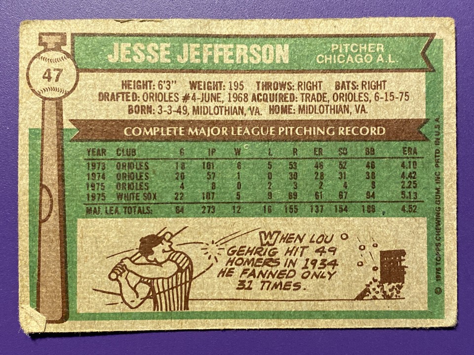 Jesse Jefferson - White Sox 1976 #47 Topps Baseball Card - Poor plus | eBay
