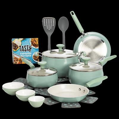 Tasty Clean Ceramic 16PCS Non-Stick Alum Cookware Set Sage Green ...