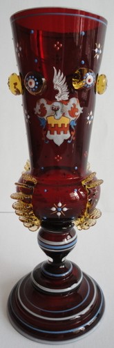 German Bohemian Moser Enamel Sheild Crest Coat of Arms Ruby Vase Vessel ...