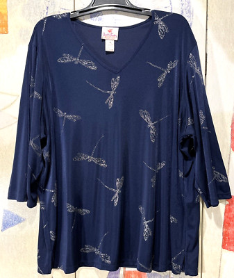 QVC Quacker Factory 3X Womens Plus Dragonfly Insect Dark Blue 3/4 ...