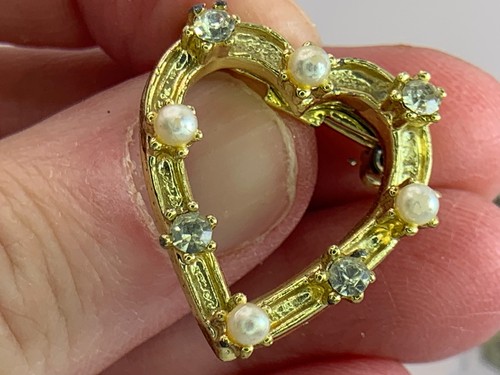 Valentine Heart Outline Pearls Rhinestone Vintage Gold Brooch M-1935 | eBay