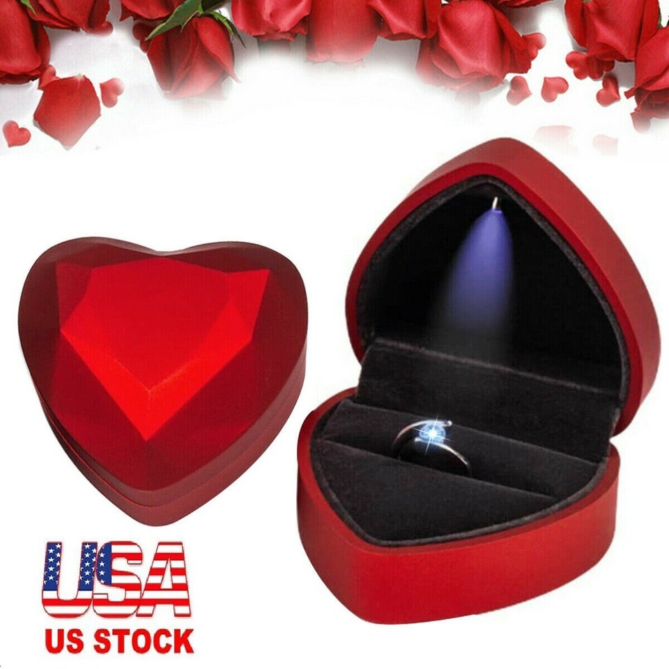 LED Light Ring Box Heart Shape Jewelry Wedding Engagement Proposal Case ...