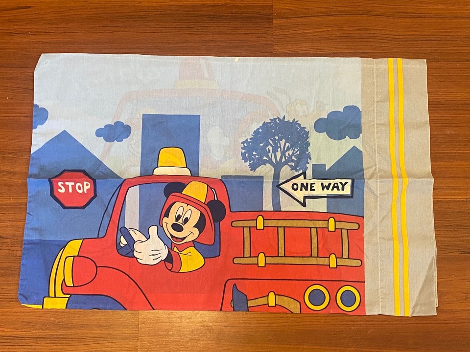 Vtg Mickey Mouse Disney Pillow Case Doublesided W/ Goofy Pluto In Fire ...