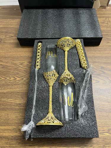 Wedding Cake Knife and Server Set and Champagne Flutes Gold Jeweled ...
