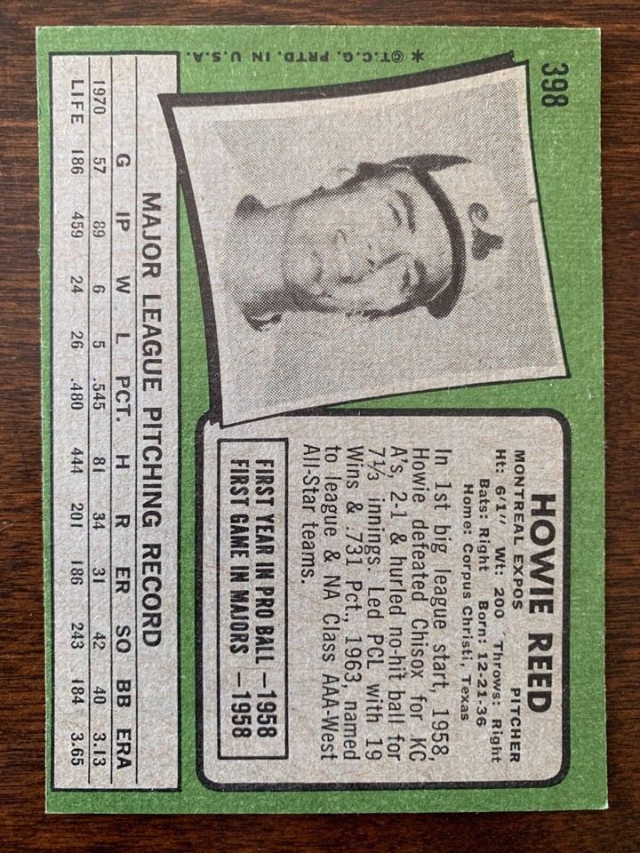 1971 Topps Baseball Card HOWIE REED #398 Montreal Expos EX+ | eBay
