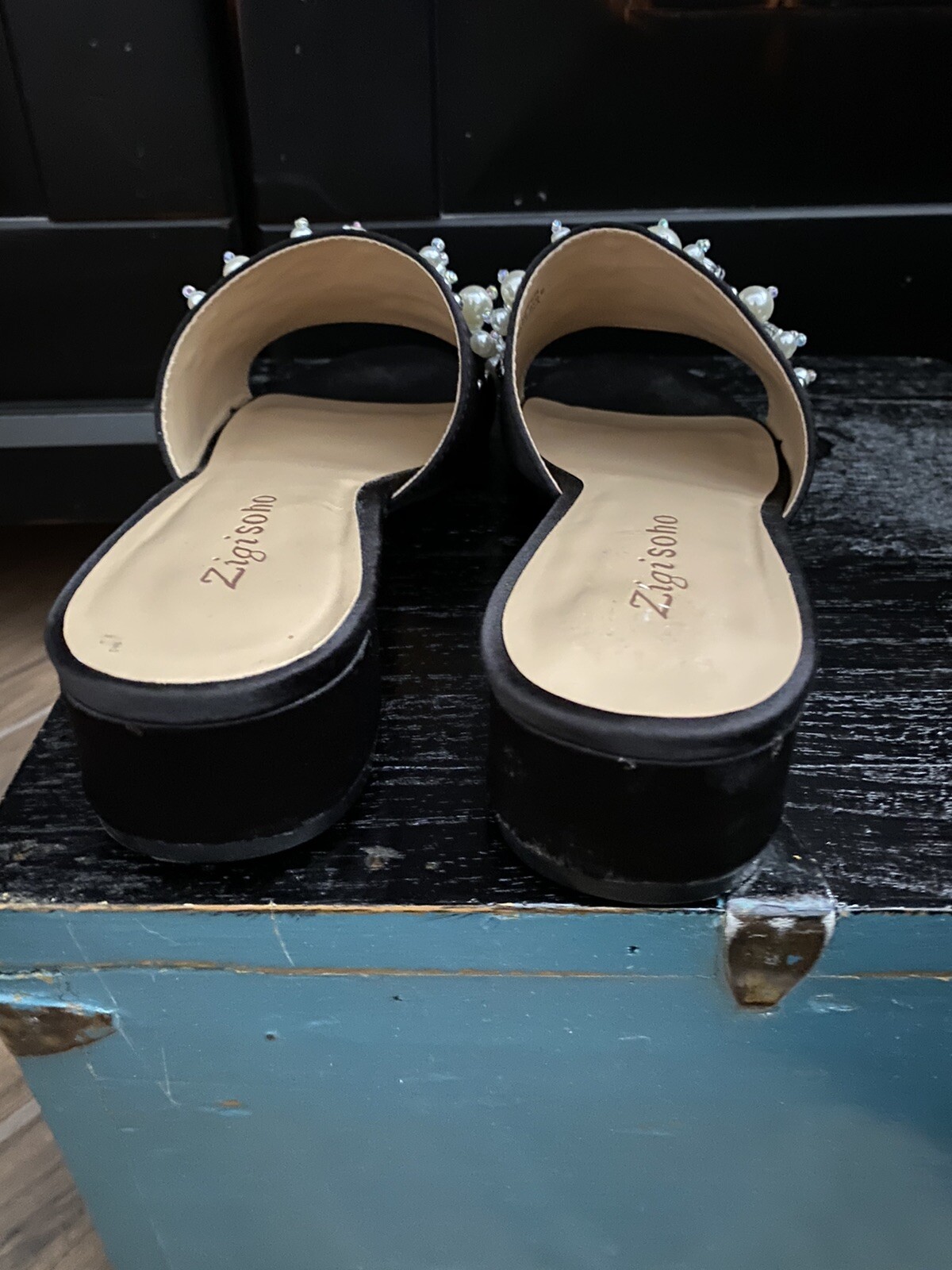 Zigi Soho Edina Black Satin Pearl & Crystal Rhinestone Sandal Slides ...