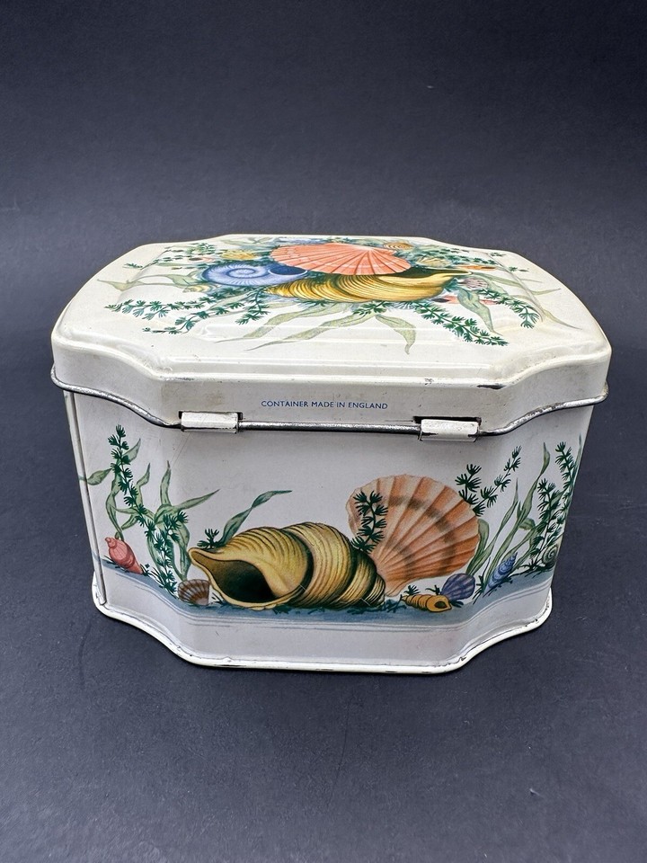 Vintage Seashell Beach Metal Container Made In England Tin Hinged Box ...