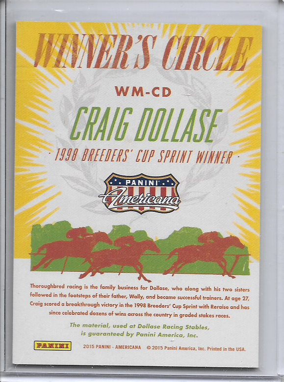 2015 Craig Dollase Relic Panini Americana /499 Card #WM-CD Horse Racing ...