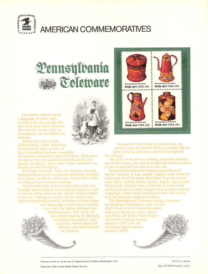 #110 15c Pennsylvania Toleware #1775-1778 USPS Commemorative Stamp ...