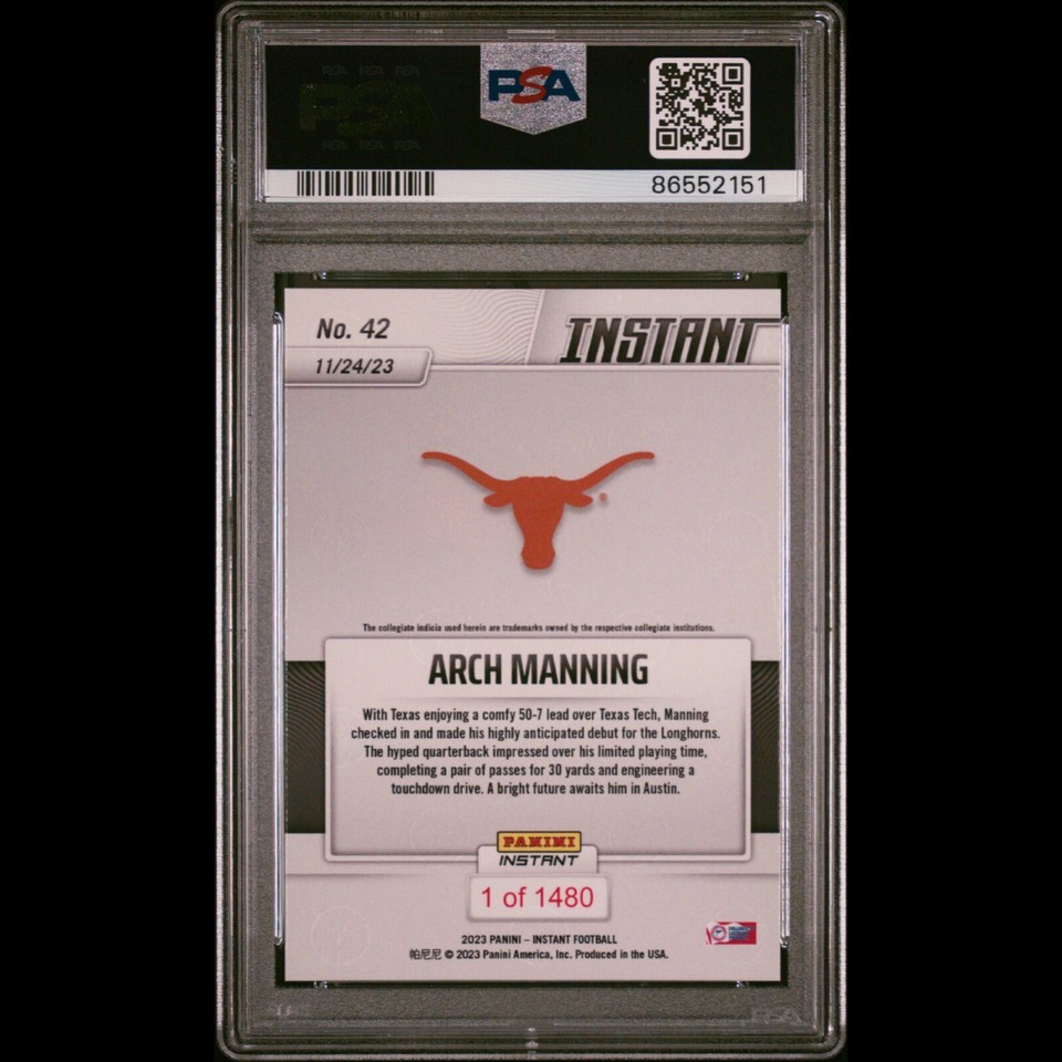 2023 PANINI INSTANT TEXAS LONGHORNS DEBUT ARCH MANNING CARD # 42 PSA 9 ...