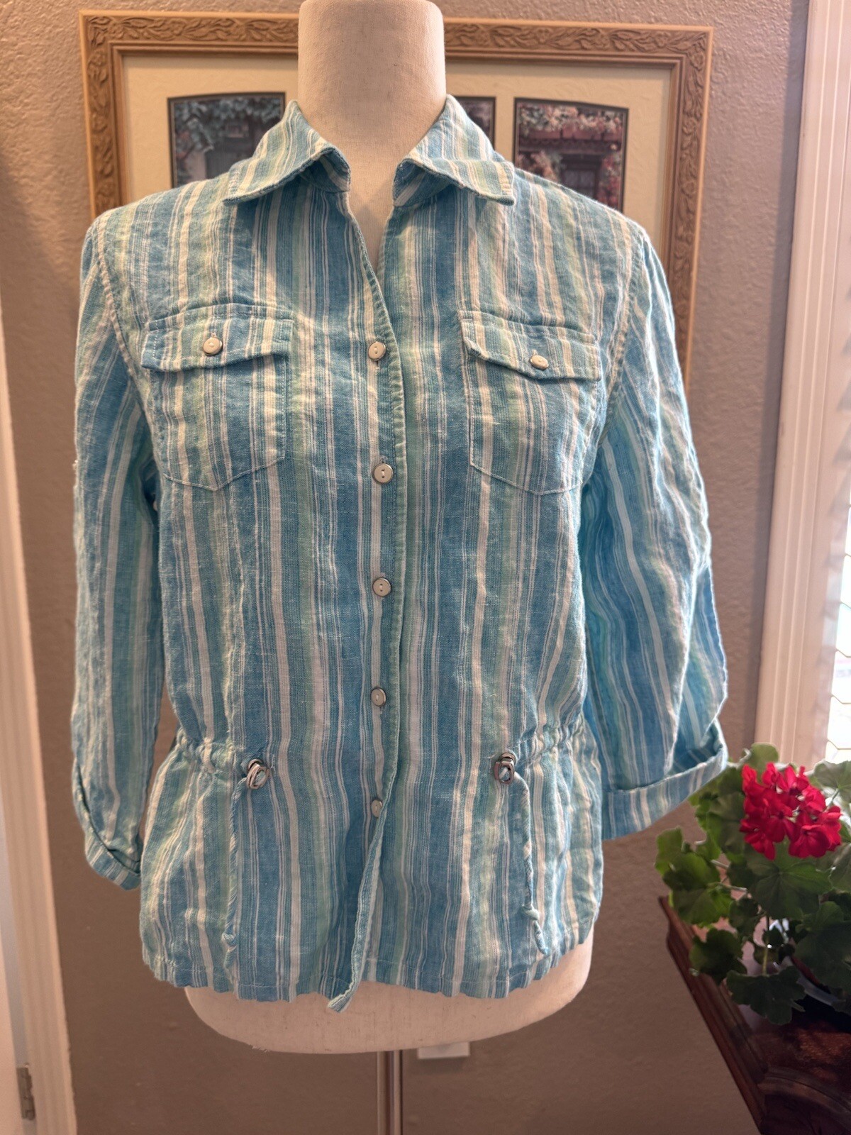 100% Linen Cargo Jacket Utility Blue Striped Safari M… - Gem