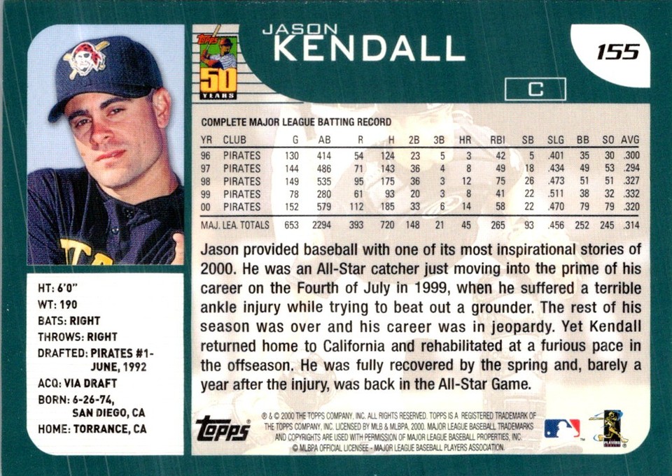 2001 Topps Jason Kendall #155 Pittsburgh Pirates Baseball Card | eBay