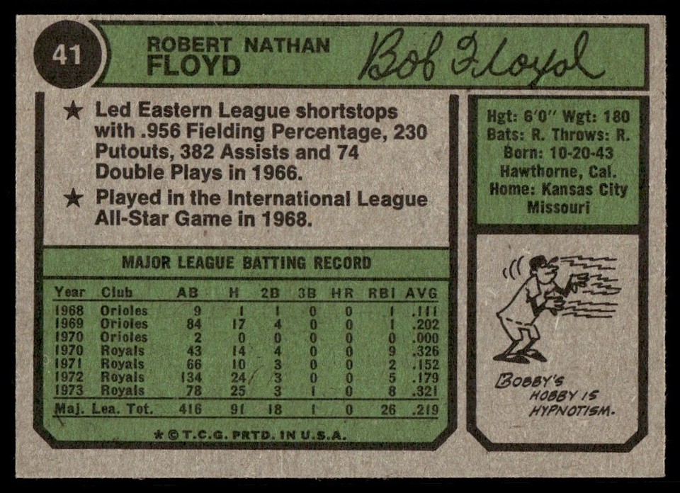 Bobby Floyd 1974 Topps #41 Kansas City Royals 29316 Baseball Card | eBay
