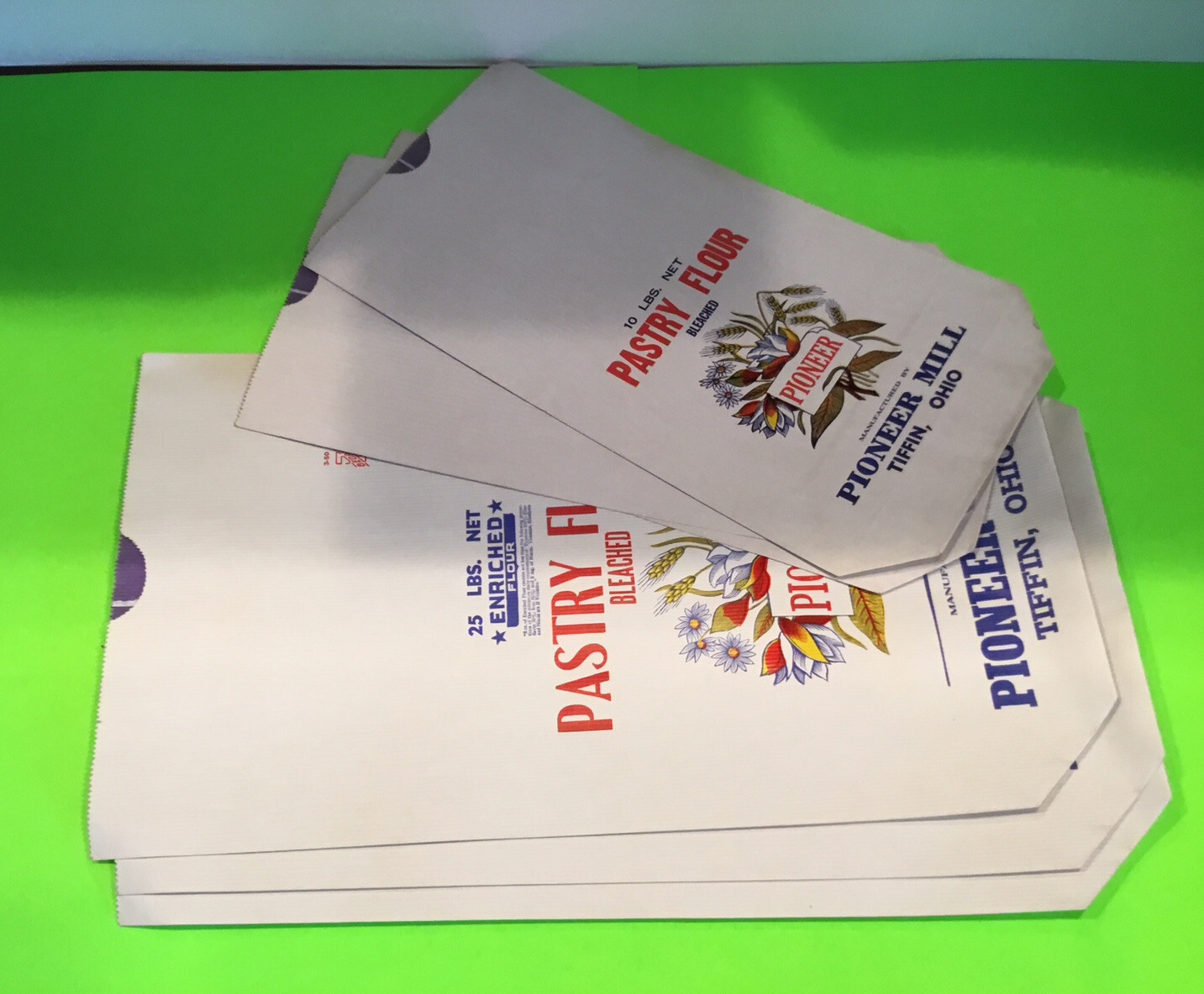LOT OF 6 VINTAGE PAPER FLOUR SACKS PIONEER MILL TIFFIN OHIO, NEVER USED ...