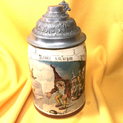 Geman Mettlach PUG 3/10 L Pewter Lidded Beer Stein "Bowling Scenes" Gnomes | eBay