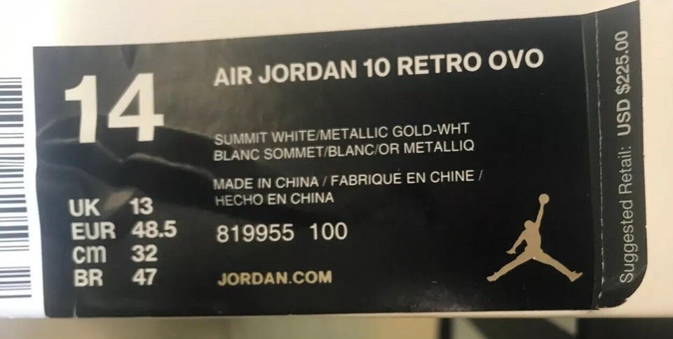 Nike Air Jordan 10 X Retro OVO Drake White Gold Size 14 819955-100 ...