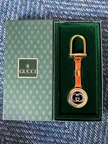 GUCCI Keyring Keychain Bag Charm gold metal logo brown leather 00407i ...
