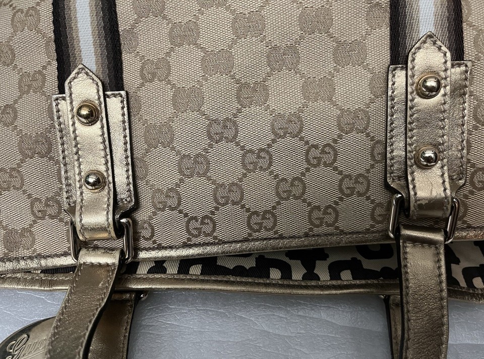 Gucci GG Logo Supreme Sherry Line Tote shoulder Bag Gold Brown Canvas ...