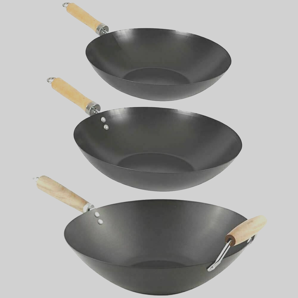 Carbon Steel Non Stick Deep Wok Chinese Asian Cooking Wooden Handle ...