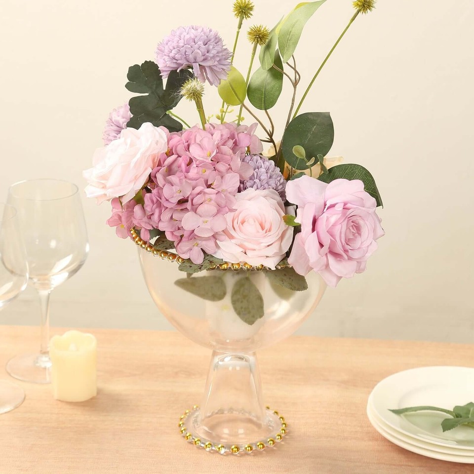 8" Clear Pedestal Bowl Glass Flower Vase with Gold Beaded Rim ...
