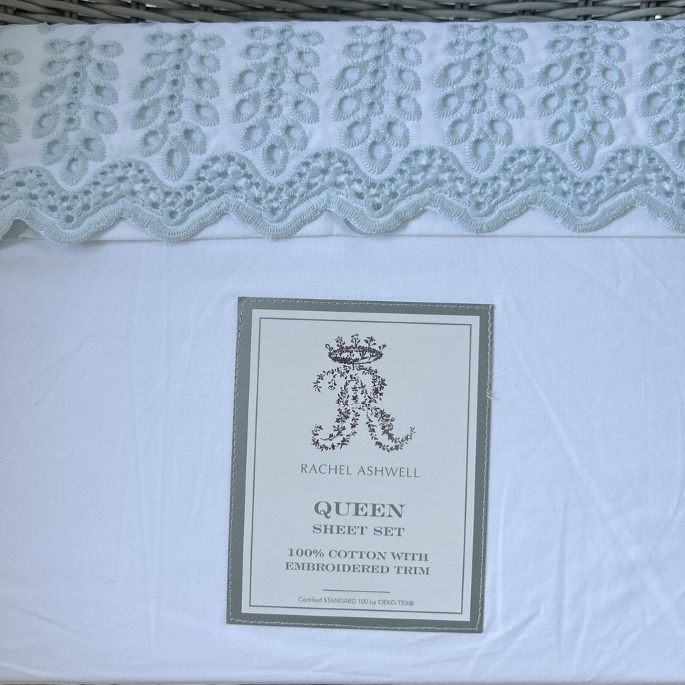 Rachel Ashwell Embroidered Eyelet Hem QUEEN Sheet Set White Blue 100% ...