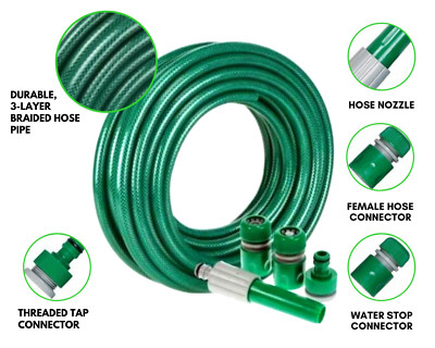 30M Reinforced Garden Hose Pipe Reel Set – Hosepipe Spray Nozzle Tap ...
