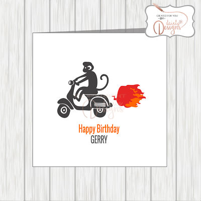 Personalised Scooter Birthday Card Vespa Lambretta Funny Flames Monkey ...