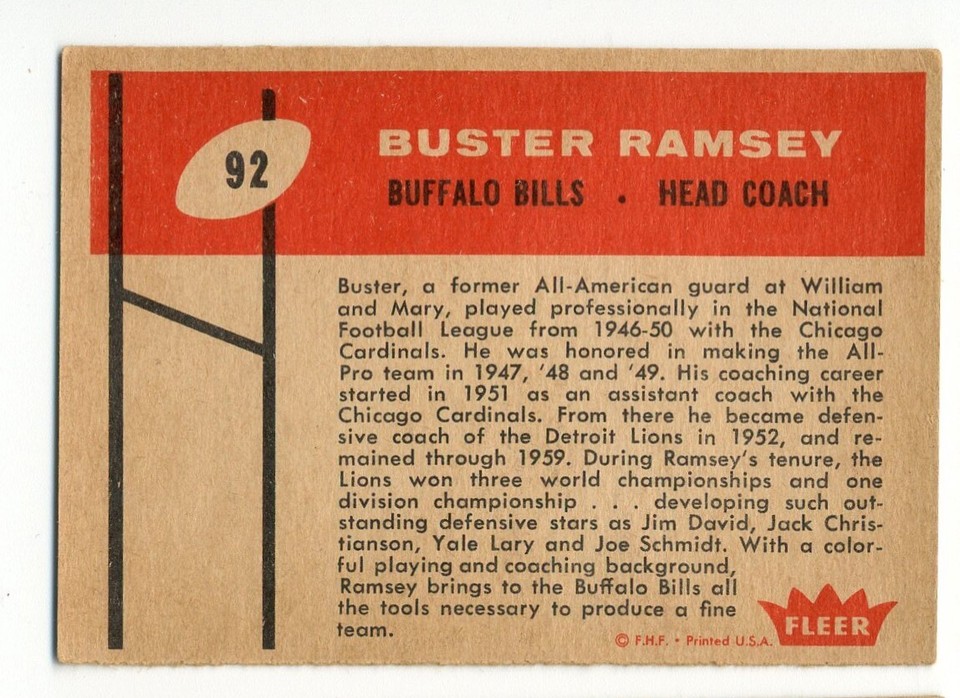 1960 FLEER BUFFALO BILLS BUSTER RAMSEY #92 EX EX-MT | eBay